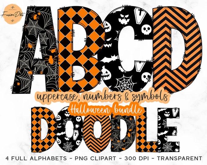 Halloween Doodle Alphabet Clipart Bundle, Spooky A-Z Letters & Numbers ...
