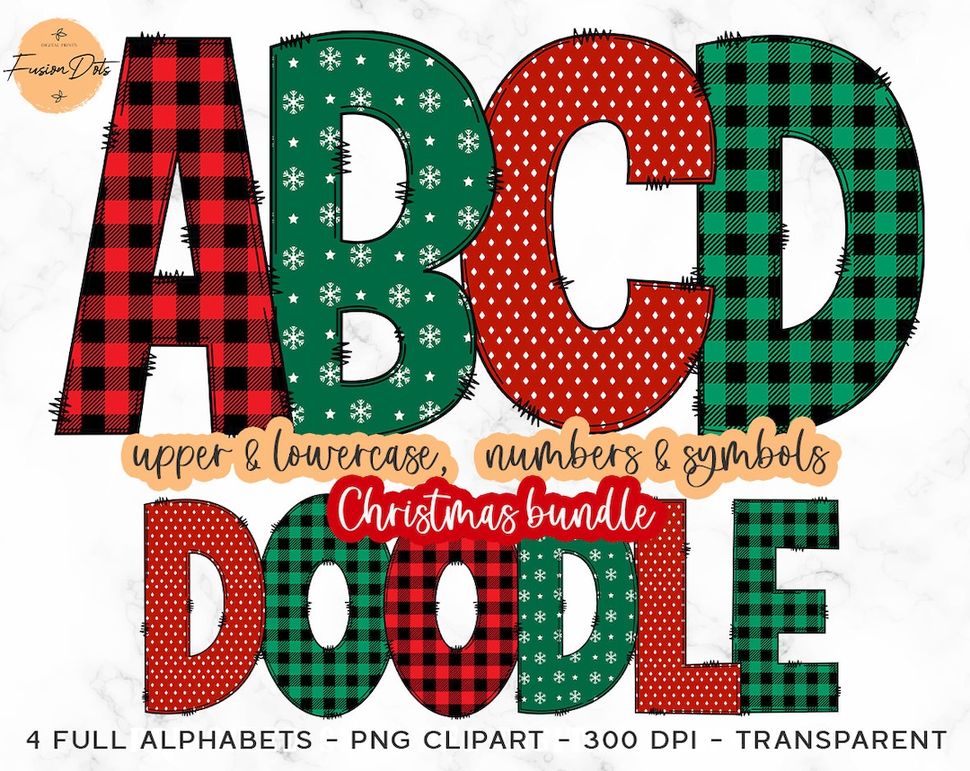 Christmas Doodle Letters, Buffalo Plaid Doodle Alphabet PNG, Santa ...