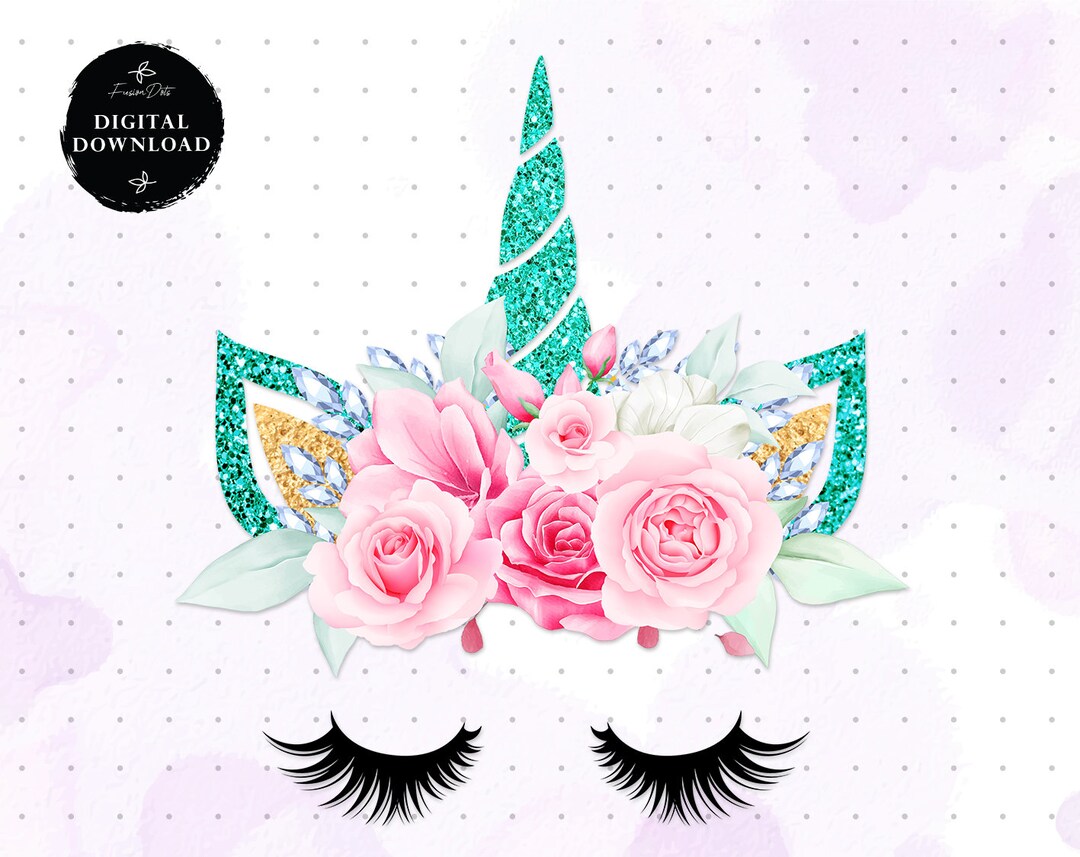 Watercolor Unicorn Clipart, Floral Glitter Horn, PNG JPG (digital ...