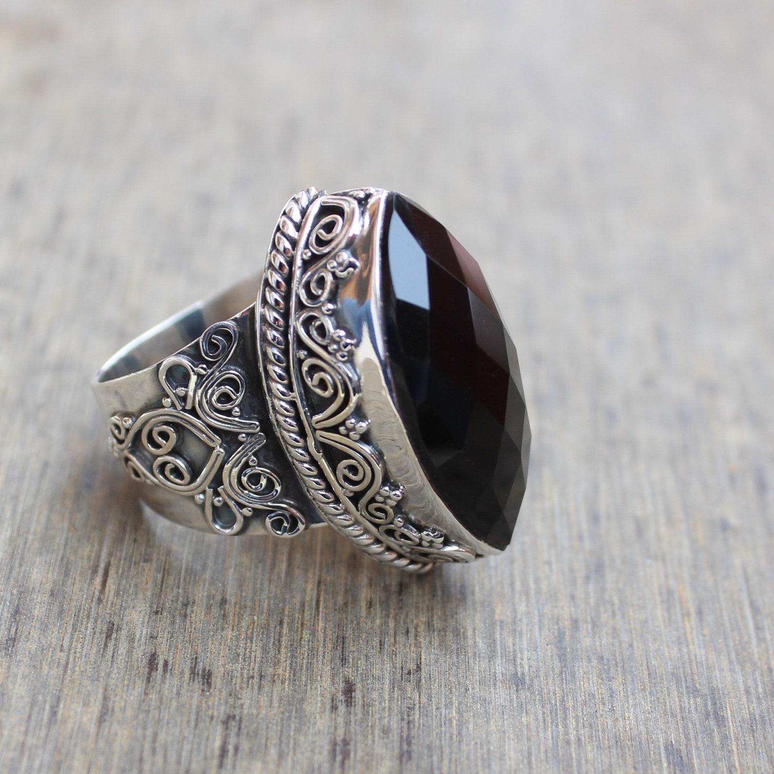 Black Onyx Sterling Silver Handmade Jewelry, Onyx Cabochon, Checker Cut ...