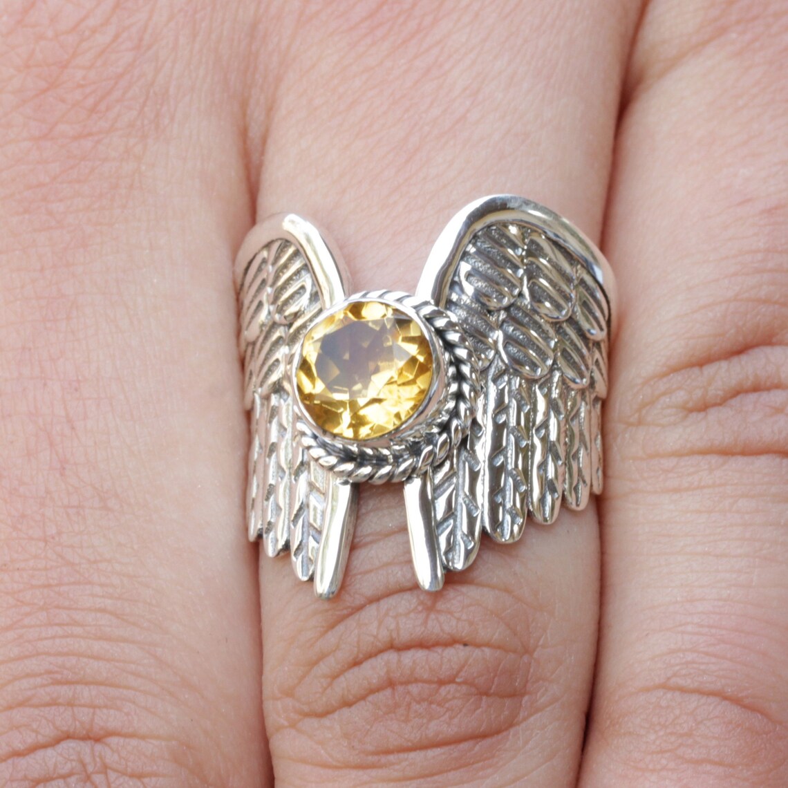 Citrine Sterling Silver Ring Angel wings rings Memorial | Etsy