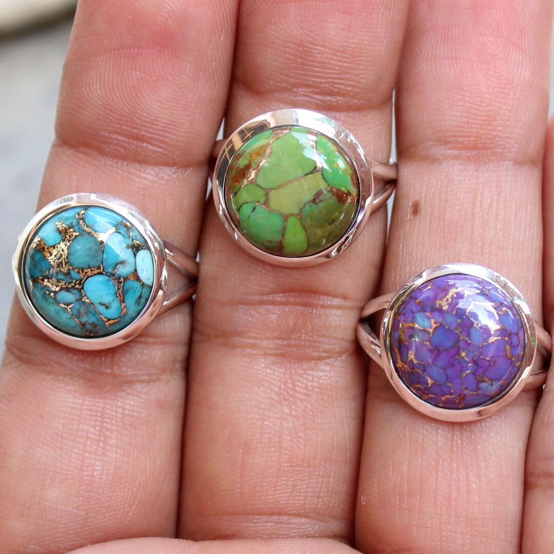 Mohave Turquoise Rings, Sterling Silver Handmade Jewelry, Green Blue ...