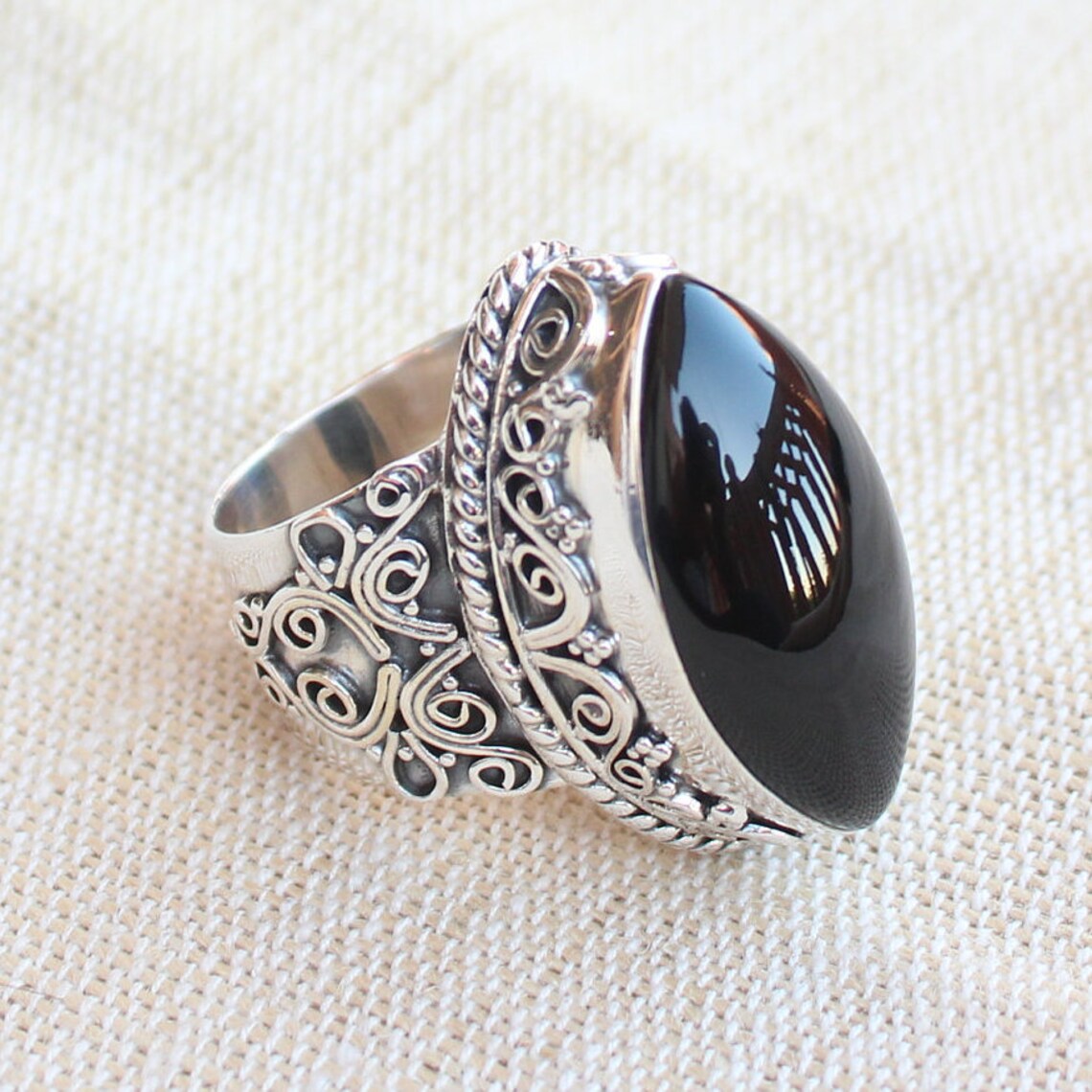 Black Onyx Sterling Silver Handmade Jewelry, Onyx Cabochon, Checker Cut ...