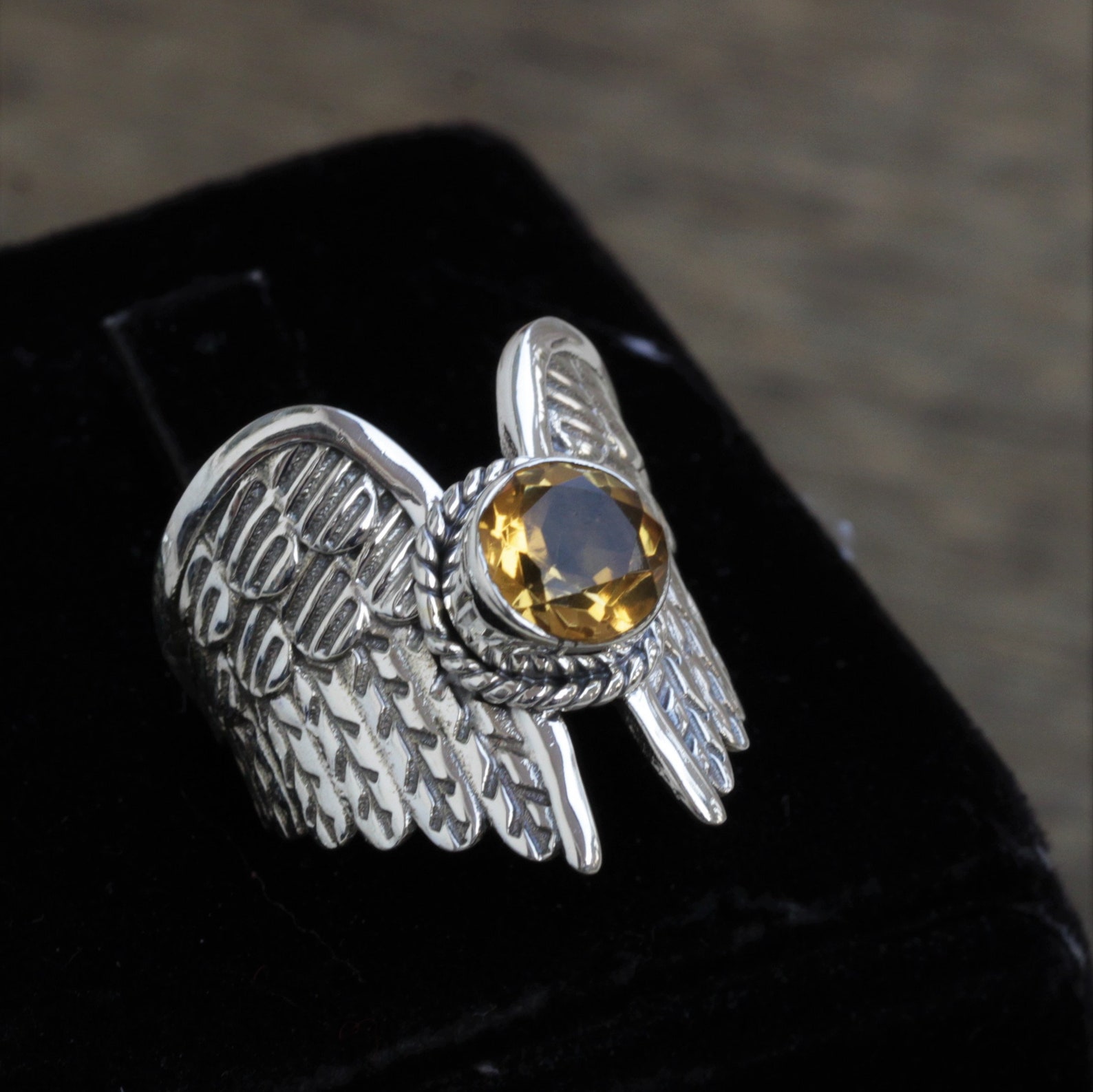 Citrine Sterling Silver Ring Angel wings rings Memorial | Etsy