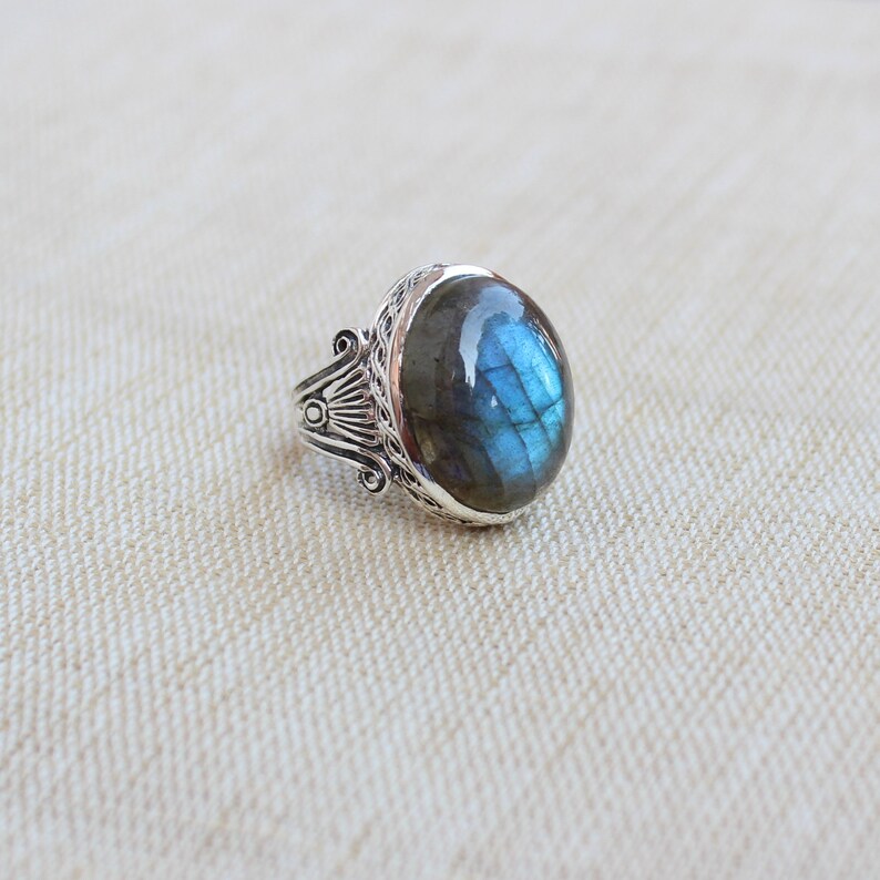 Blue Flash Labradorite Ring, Sterling Silver, Handmade Granulation ...