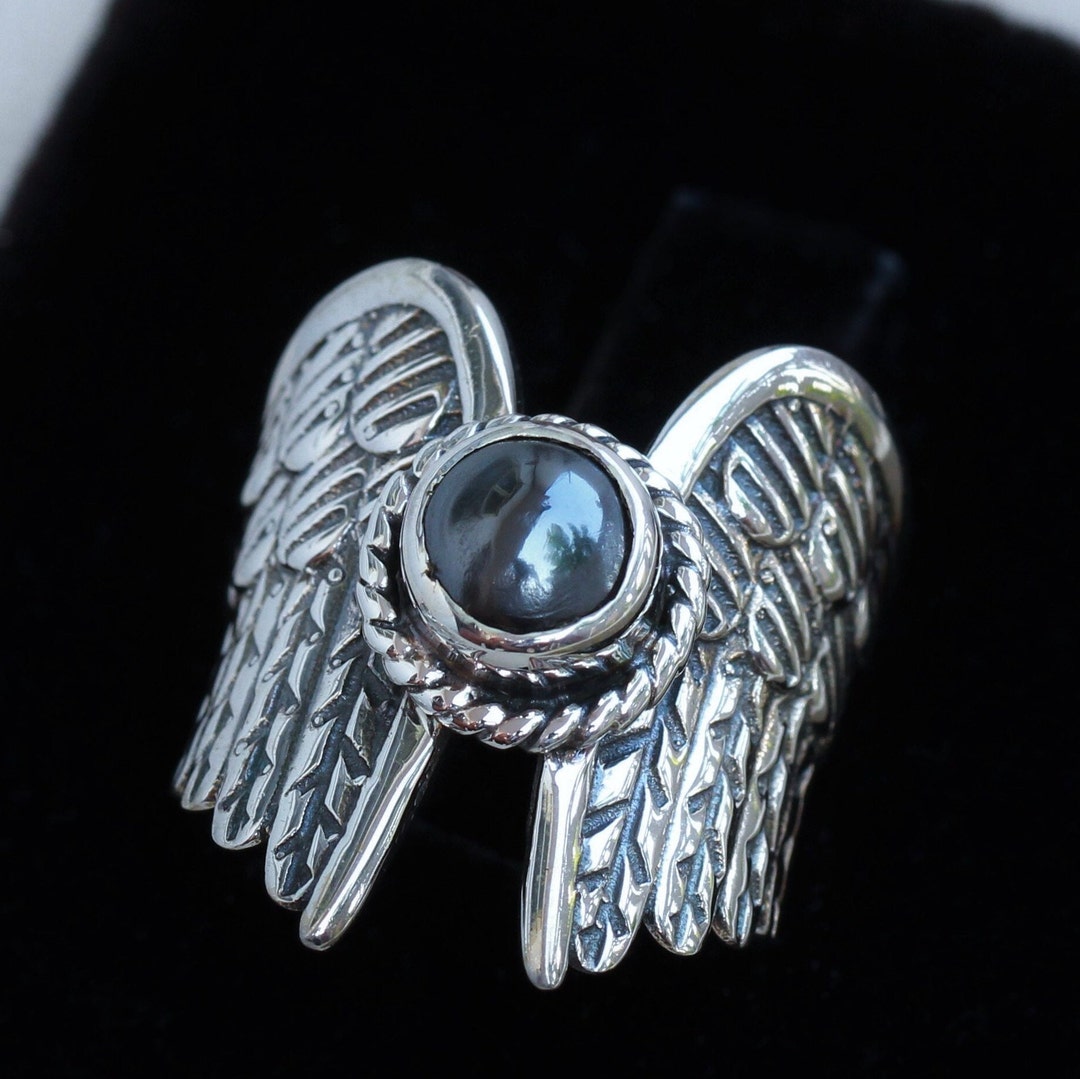 Angel Wings Ring, Natural Hematite Gemstone, Memorial Ring, Loss of ...