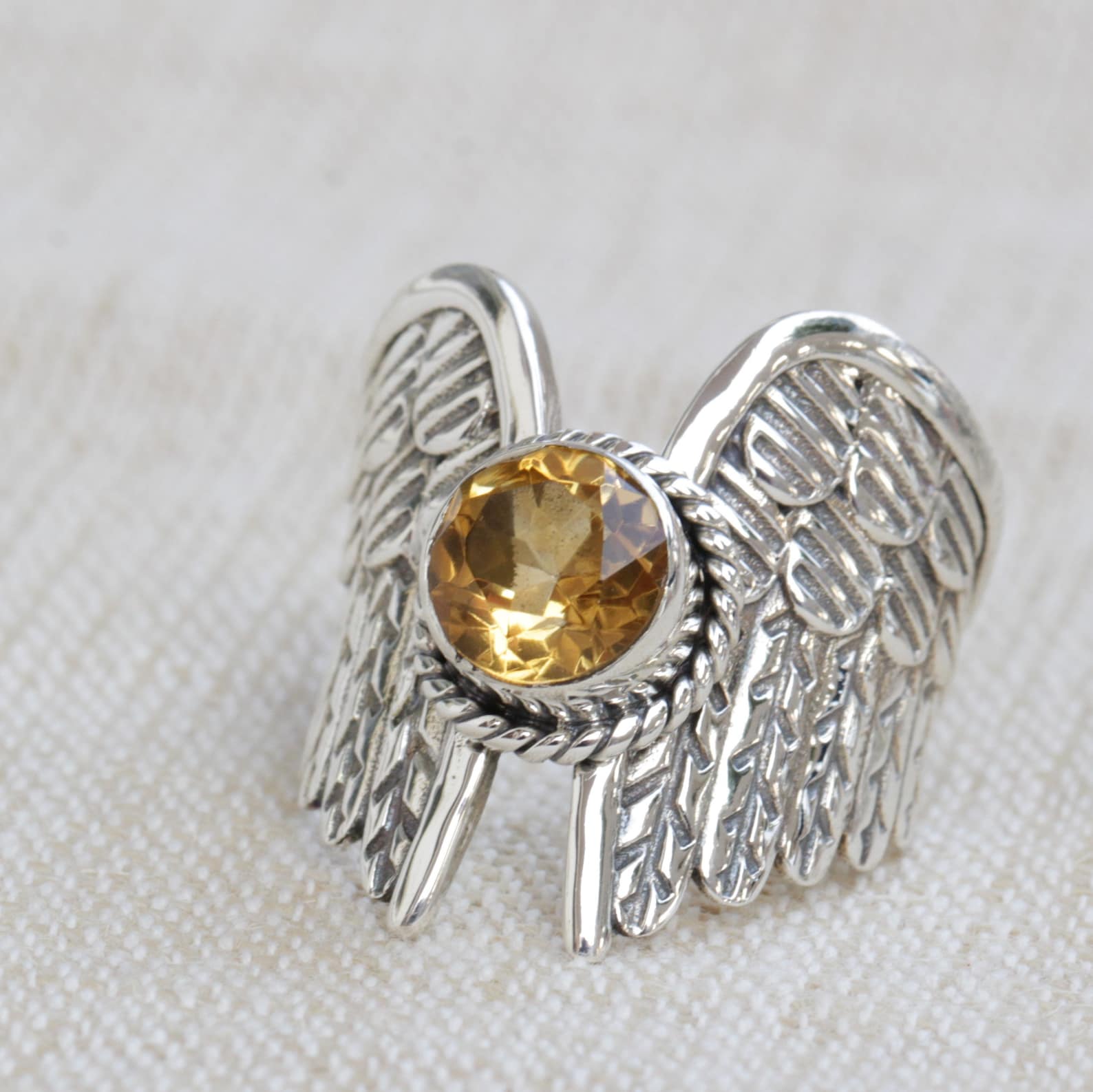 Citrine Sterling Silver Ring Angel wings rings Memorial | Etsy