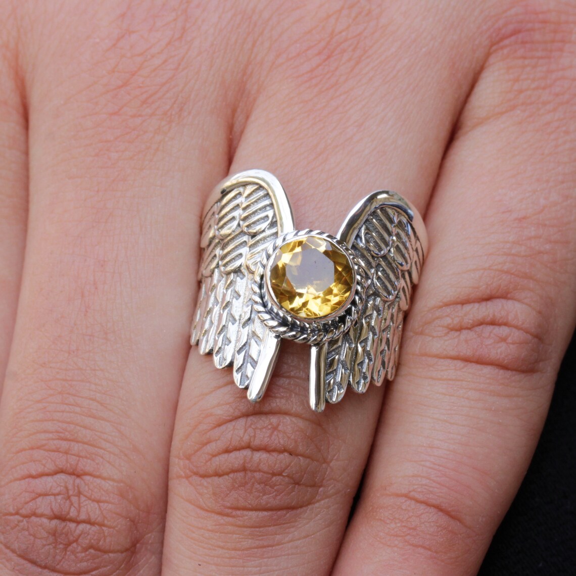 Citrine Sterling Silver Ring Angel wings rings Memorial | Etsy