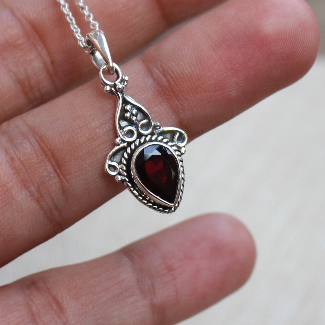 Garnet Pendant, Sterling Silver Necklace, Natural Red Almandine Garnet ...