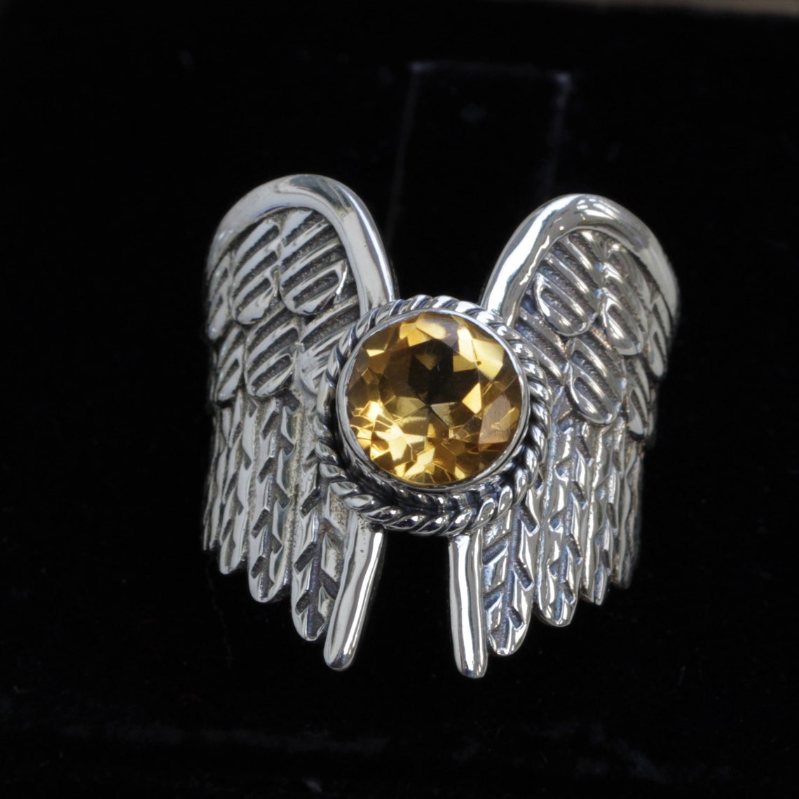 Citrine Sterling Silver Ring Angel wings rings Memorial | Etsy
