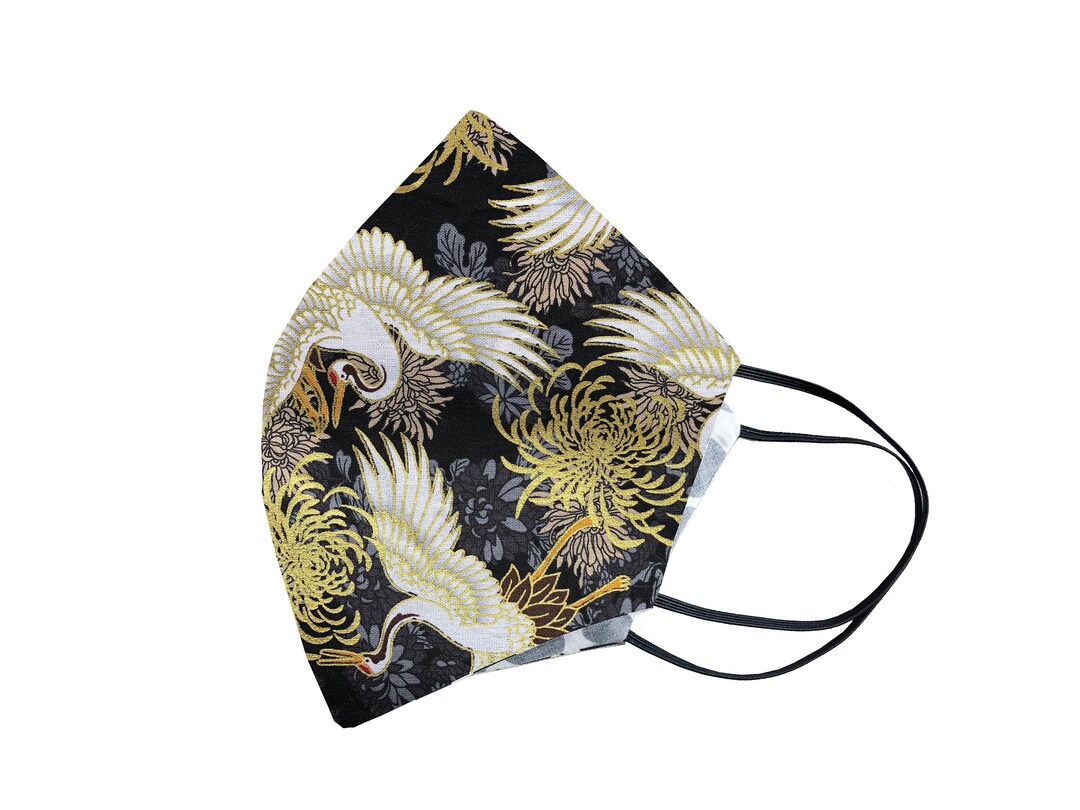 Cotton Face Mask - Japanese Crane Dark Grey Print Cotton Print Reusable ...