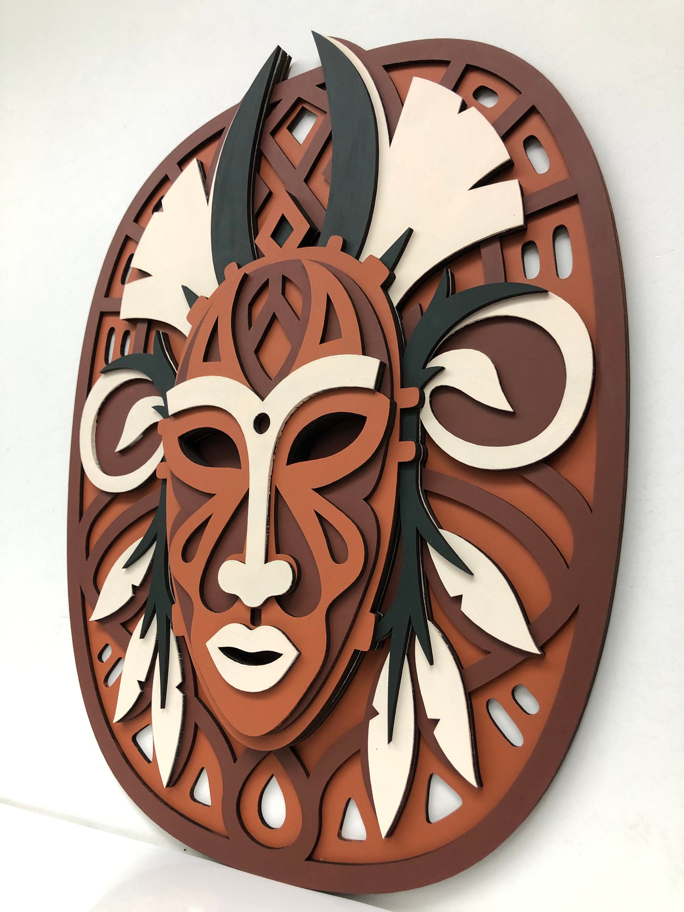 Mask Multilayer Wood Wall Art, Wooden Home Wall Decorations, 3D Layered ...