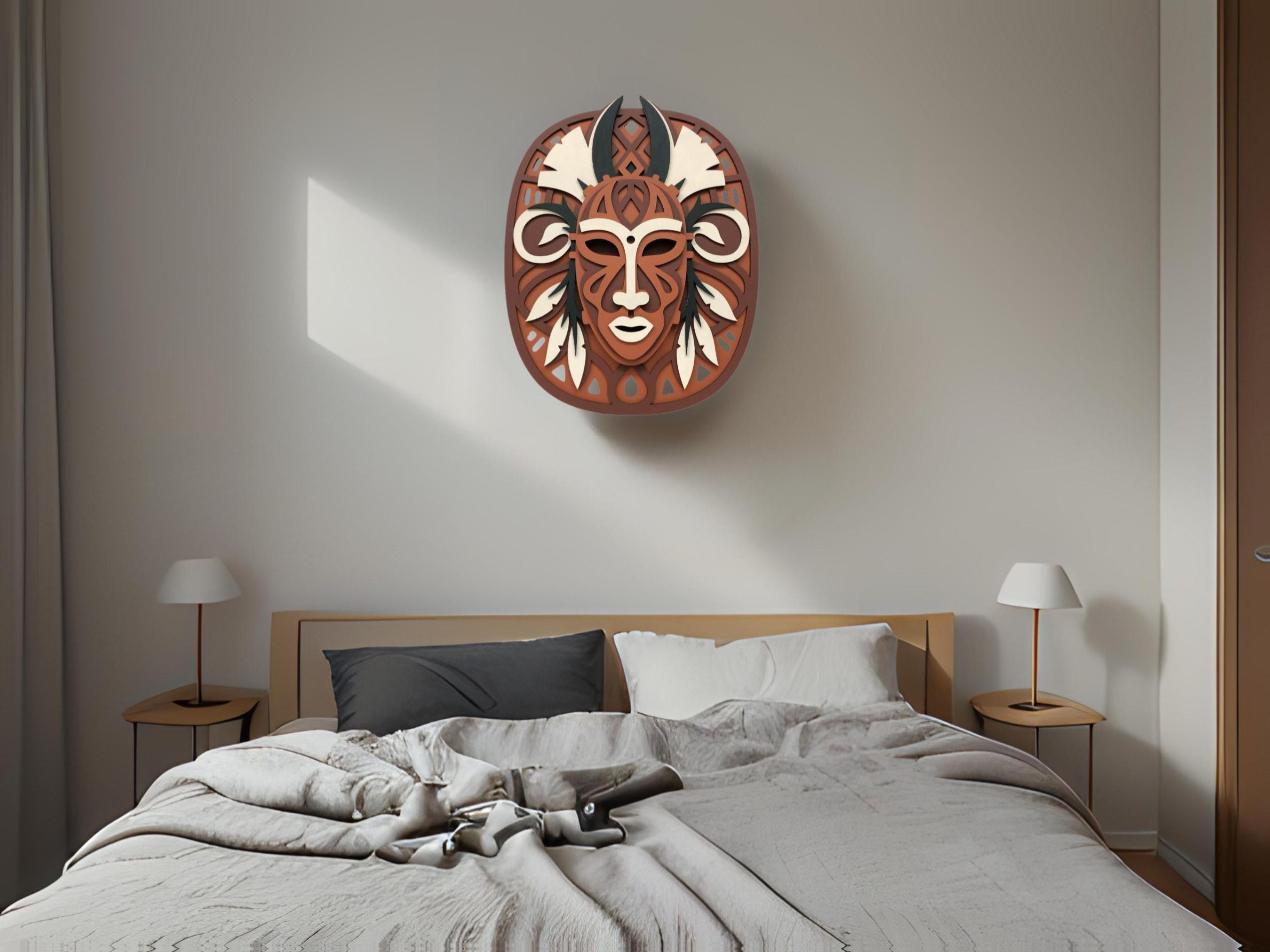 Mask Multilayer Wood Wall Art, Wooden Home Wall Decorations, 3D Layered ...