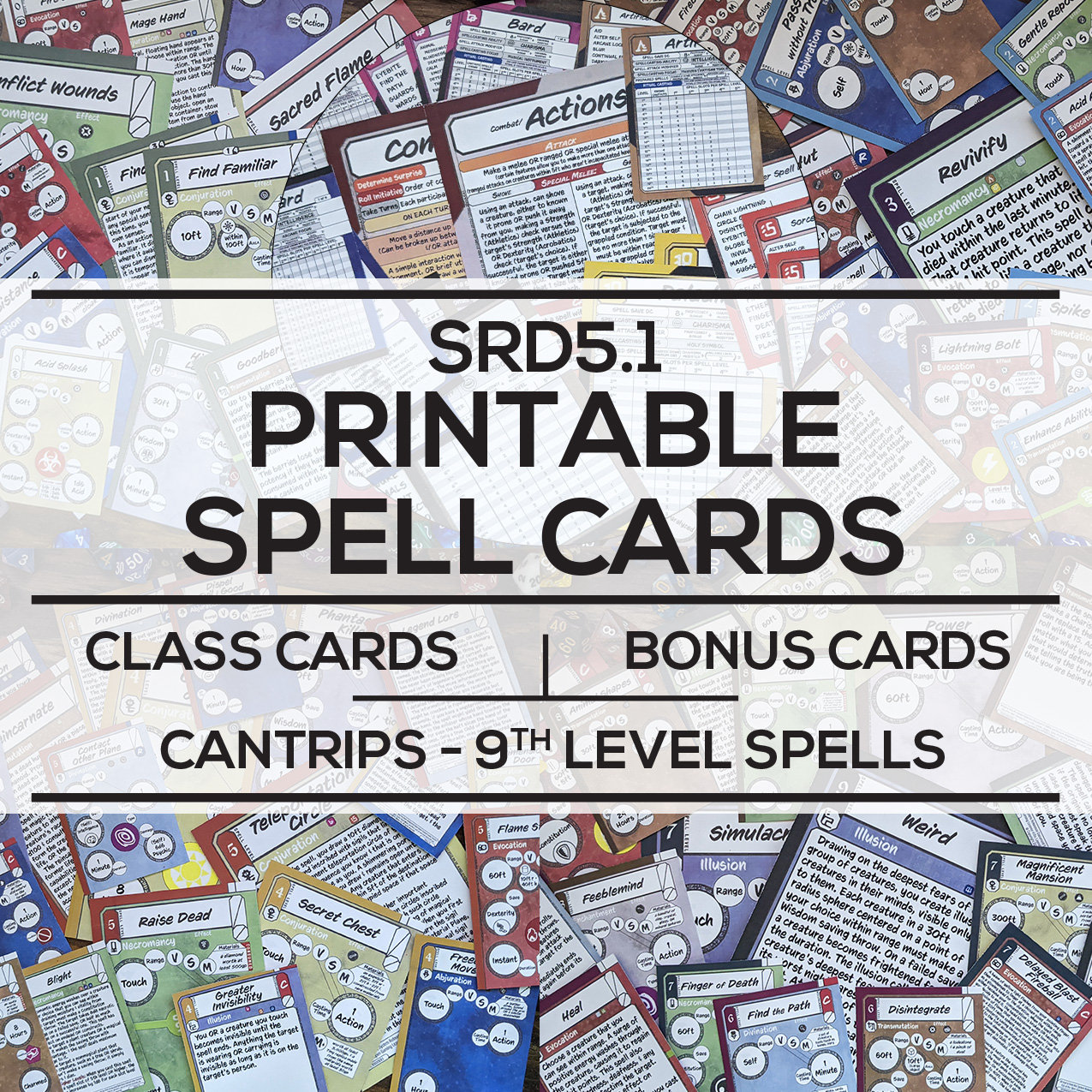 Printable Spell Cards 5e - SRD5.1 - Class, Bonus, Cantrips to 9th Level ...