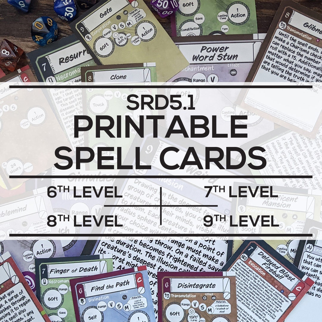 Printable Spell Cards 5e SRD5.1 6th, 7th, 8th, & 9th Level Cards - Etsy