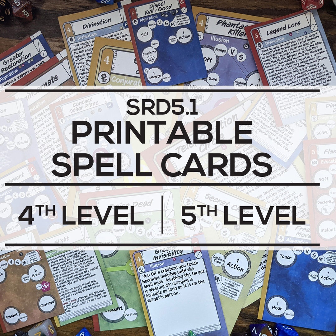 Printable Spell Cards 5e SRD5.1 4th & 5th Level Cards - Etsy