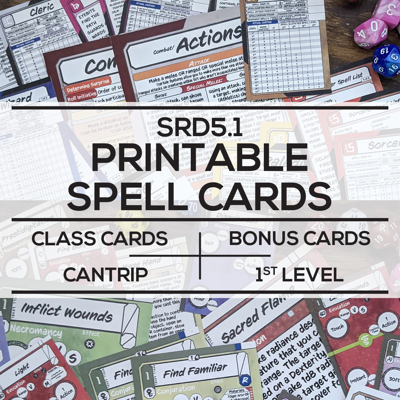 Printable Spell Cards 5e - SRD5.1 - Class, Bonus, Cantrip, & 1st Level ...