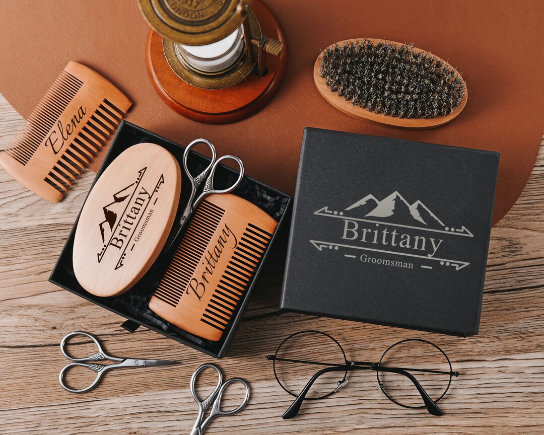 Personalized Beard Grooming Kit Men's Premium Wooden Brush Set Ideal ...