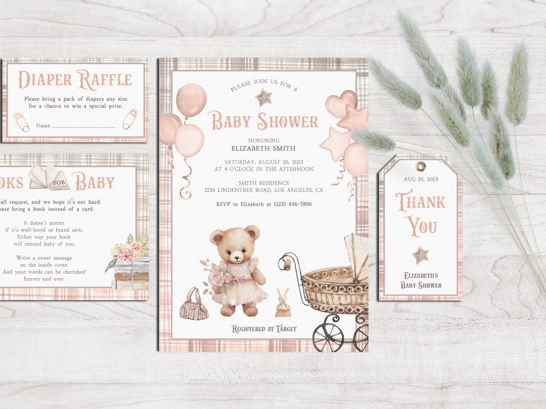 Girl Teddy Bear Baby Shower Invitation Set W/ Books for Baby Card ...