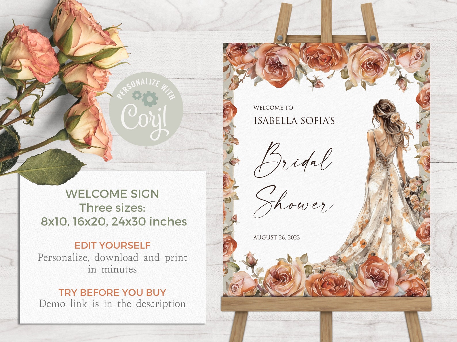 Floral Bridal Shower Welcome Sign, Terracotta Roses Bride-to-be Bridal ...