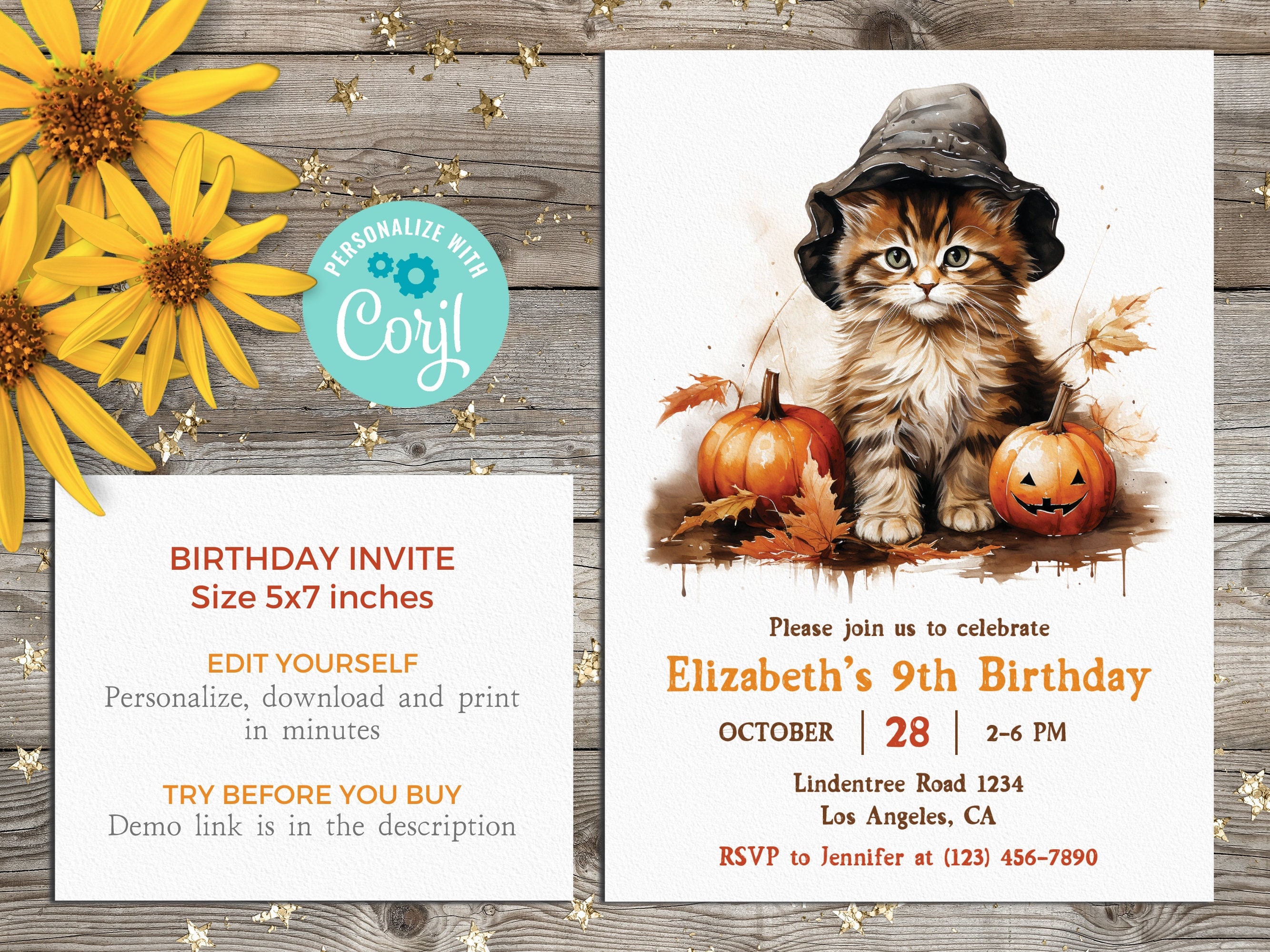 Cute Halloween Cat October Birthday Invitation W/ Gift Tag, Fall Kids ...