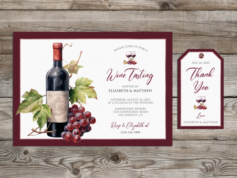 Wine Tasting Invitation W/ Favor Tag, Watercolor Wine Tour Invite, Let ...