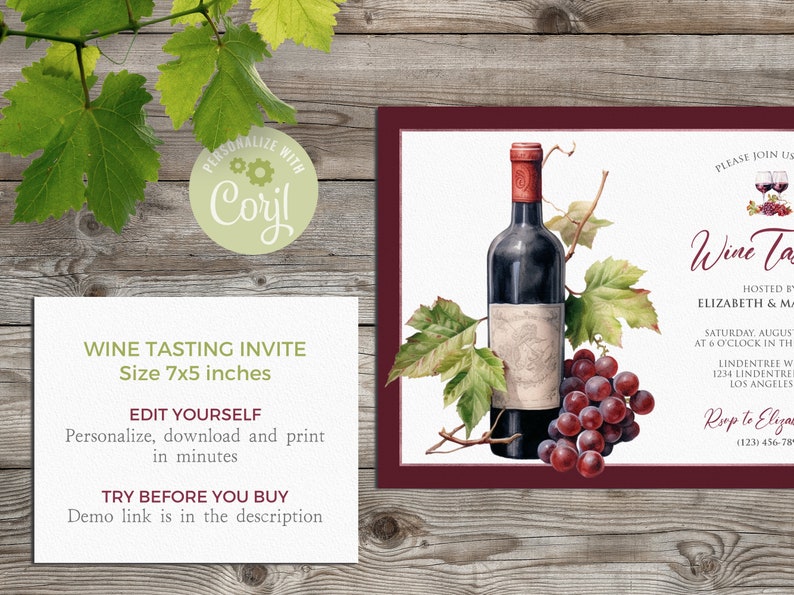Wine Tasting Invitation W/ Favor Tag, Watercolor Wine Tour Invite, Let ...