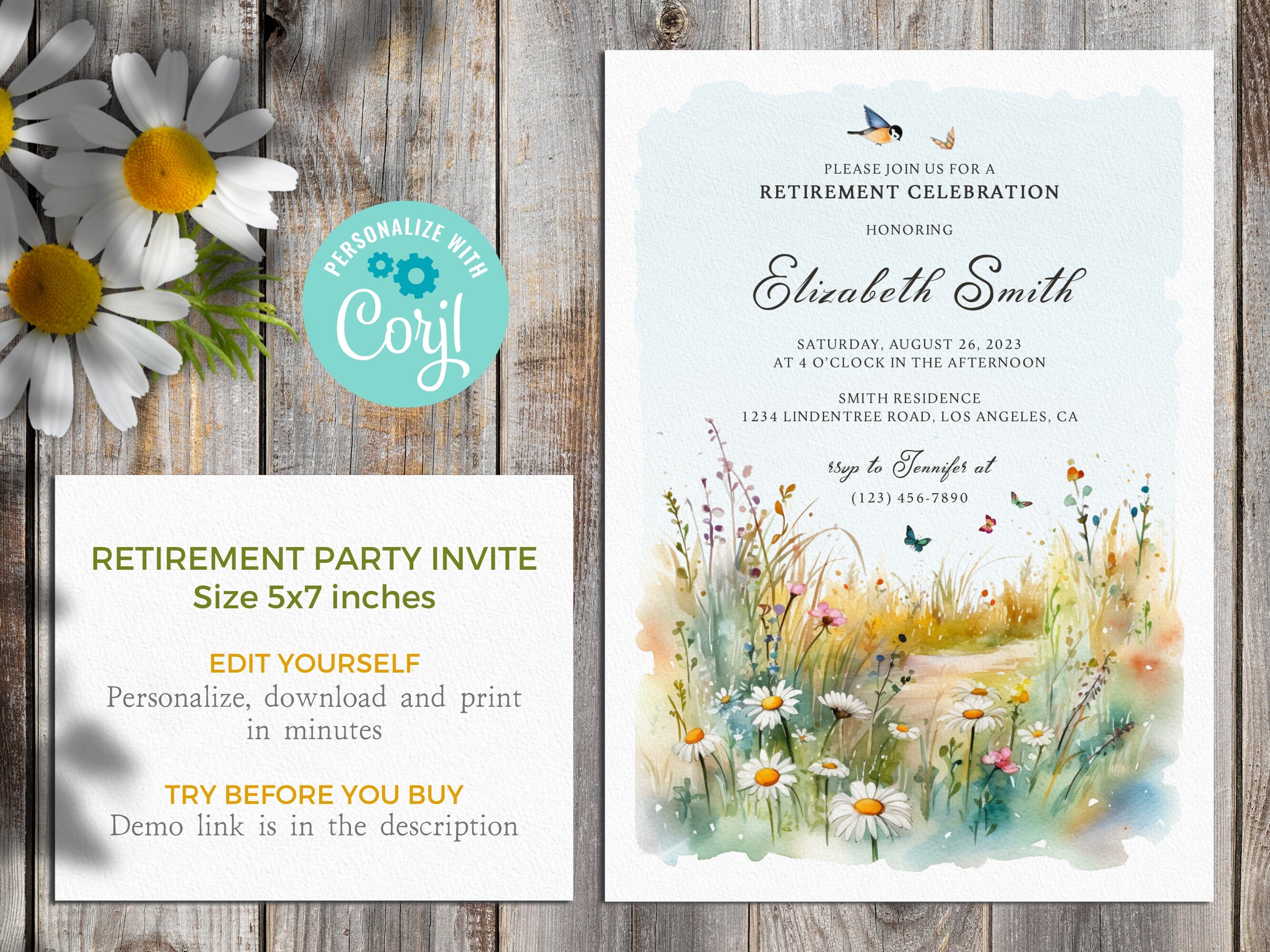 Rustic Retirement Party Invitation W/ Thank You Tag, Boho Watercolor ...
