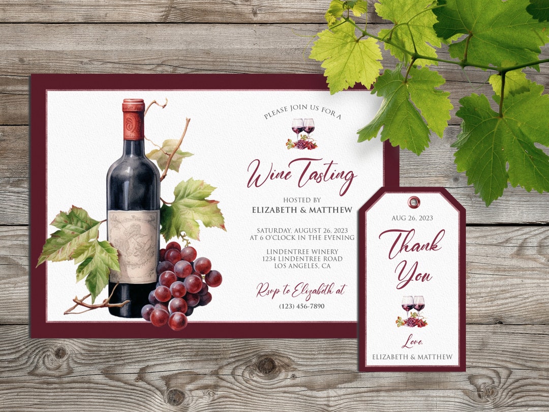 Wine Tasting Invitation W/ Favor Tag, Watercolor Wine Tour Invite, Let ...