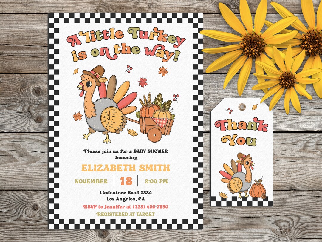 A Little Turkey Baby Shower Invitation, Fall Retro Groovy Thanksgiving ...