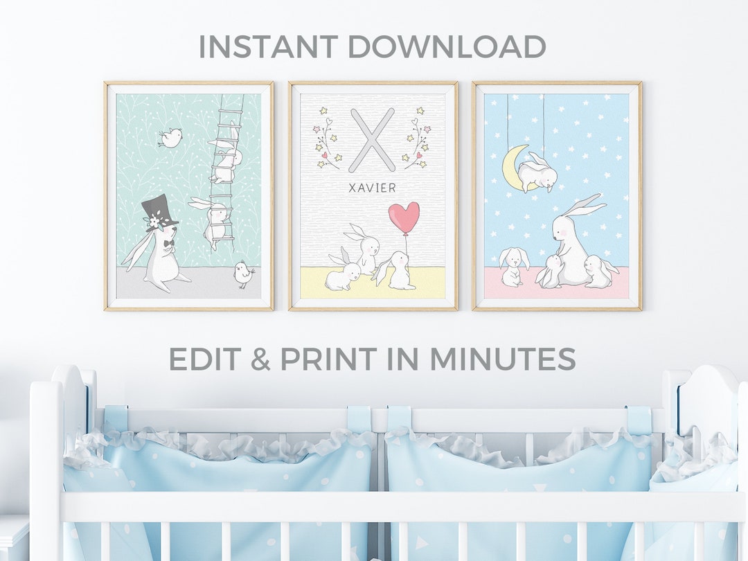 Personalized Bunny Nursery Wall Art, Rabbits Kids Room Decor W/ Name ...