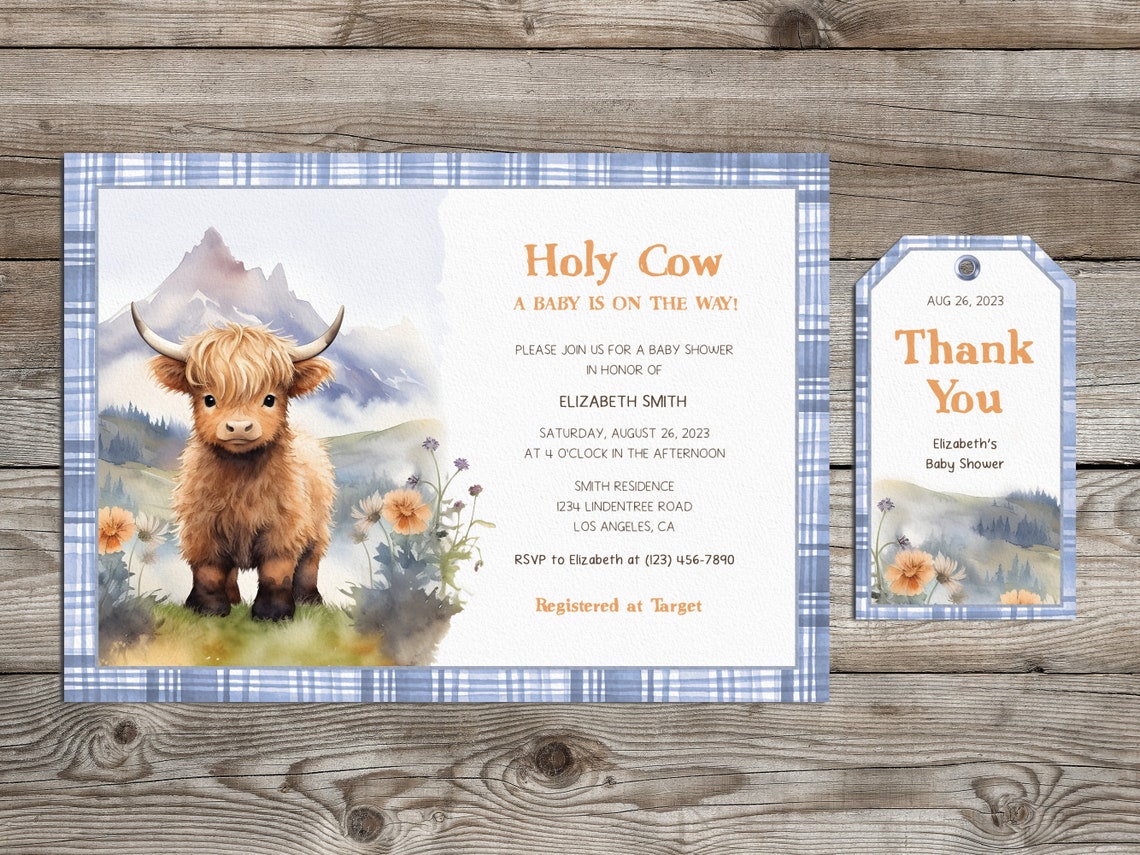 Holy Cow Baby Shower Invitation W/ Thank You Tag, Watercolor Highland ...