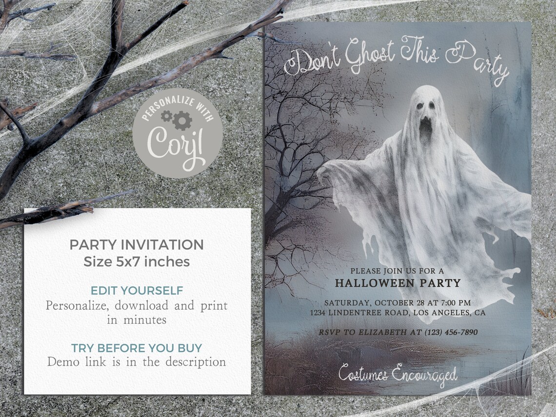 Scary Halloween Party Invitation W/ Thank You Tag, Gothic Halloween ...