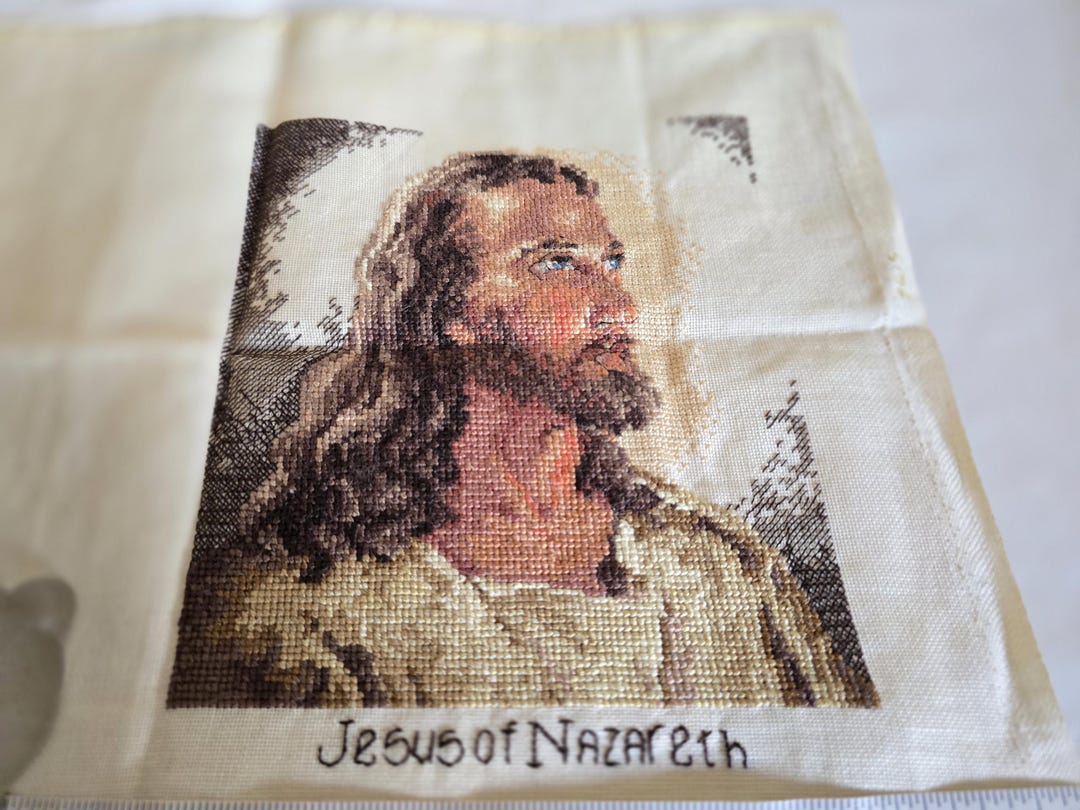 Vintage Handcrafted Unframed Petit Point Picture of Jesus of Nazareth ...
