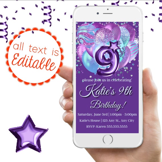 Editable Ninth Birthday Invitation Print Text Watercolor Purple Balloon ...