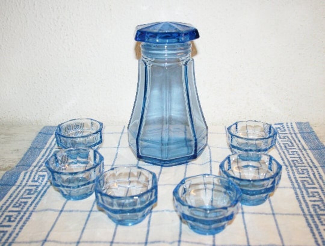 Clear Blue Glass Cups and Bottle, Set of 6, Tableware Glass, Drinkware ...