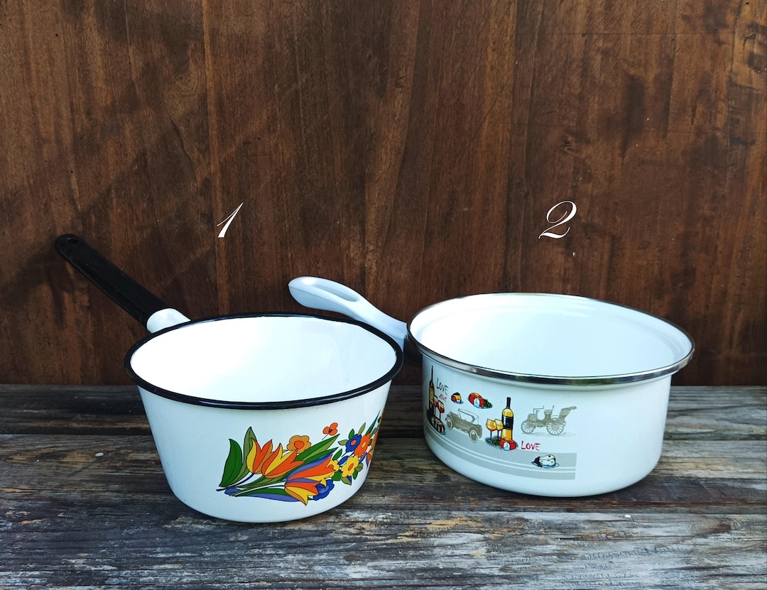 Vintage Enameled Pots / Milk or Stock Pan / Kitchen Pots / Gift for Her ...