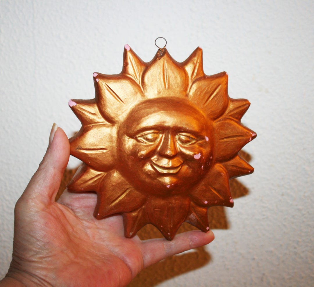 Vintage Terracotta Sun Wall Hanging - Smiling Sun Face Folk Art - Boho ...