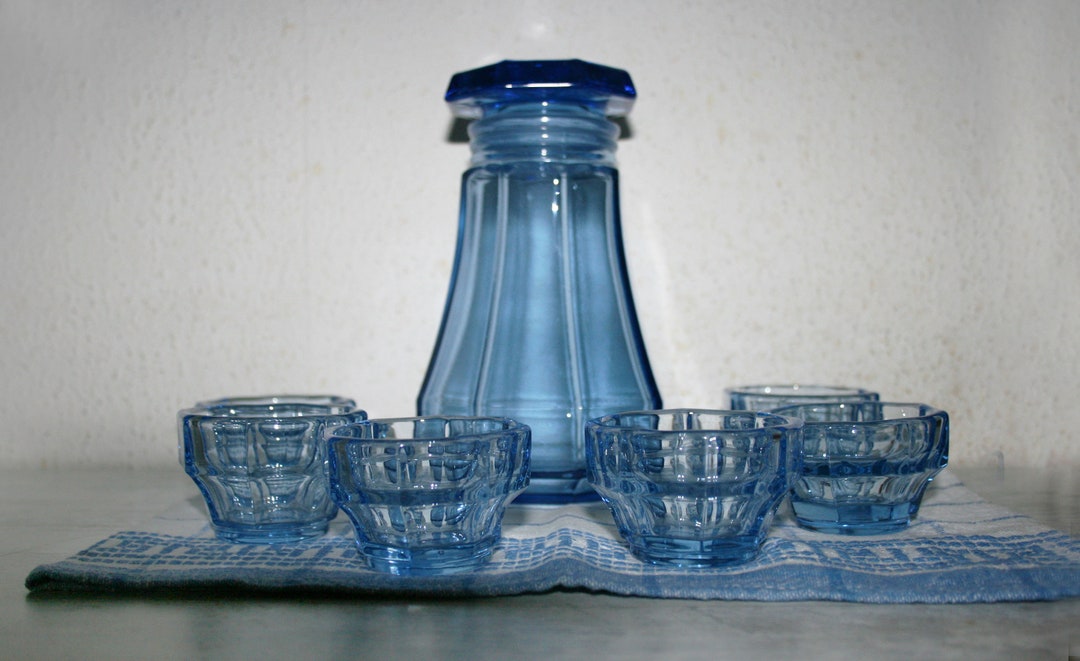Clear Blue Glass Cups and Bottle, Set of 6, Tableware Glass, Drinkware ...