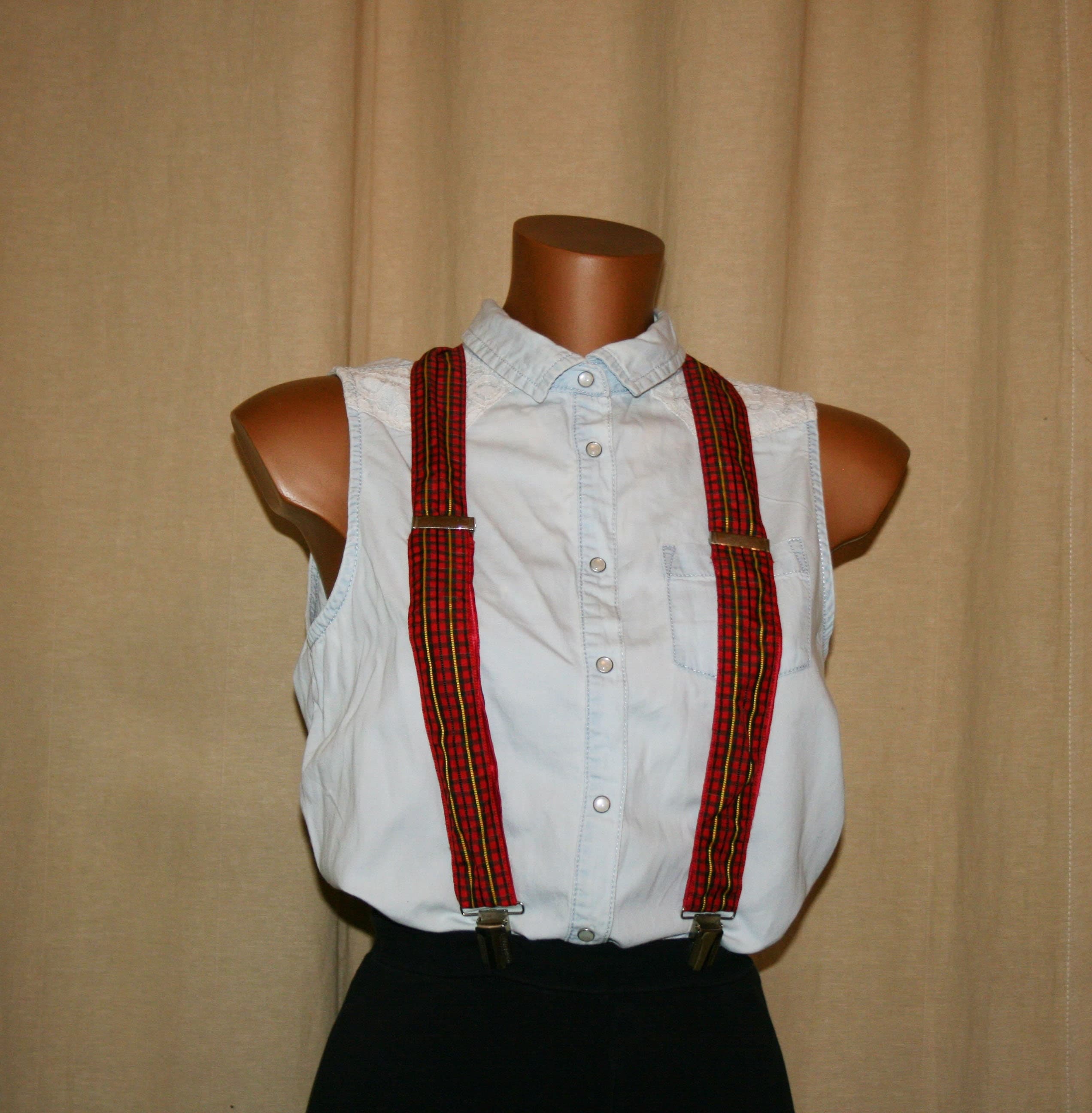Trouser Suspenders, Vintage 80s Red Checkered /mens/womens Trouser Suspenders, Vintage 80s Red Checkered /mens/womens