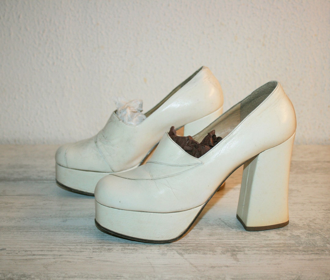 RARE ITALIAN Vintage 70s Wedge White Leather SHOES - Wedding Shoes ...