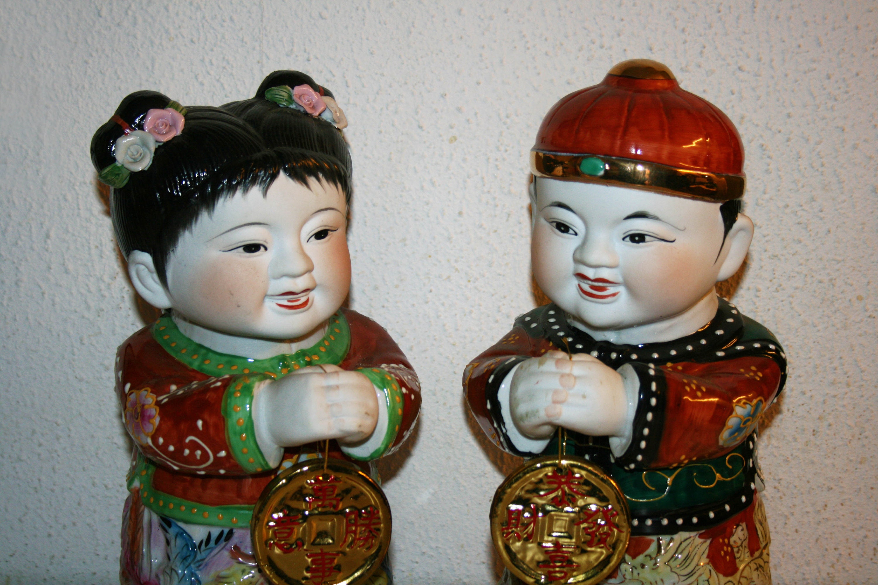 Chinese Golden Boy and Jade Girl, Pair of Lucky Children Statues, Mid ...