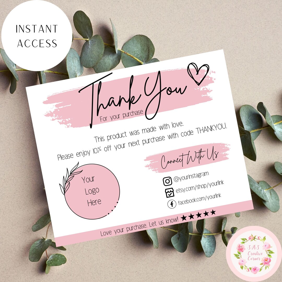 Printable Small Business Thank You Card Package Insert Instant Download ...