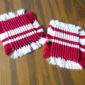 Macrame Mug Rugs, Large Mug Rugs, Hand Woven Thick Coasters, Red/cream ...