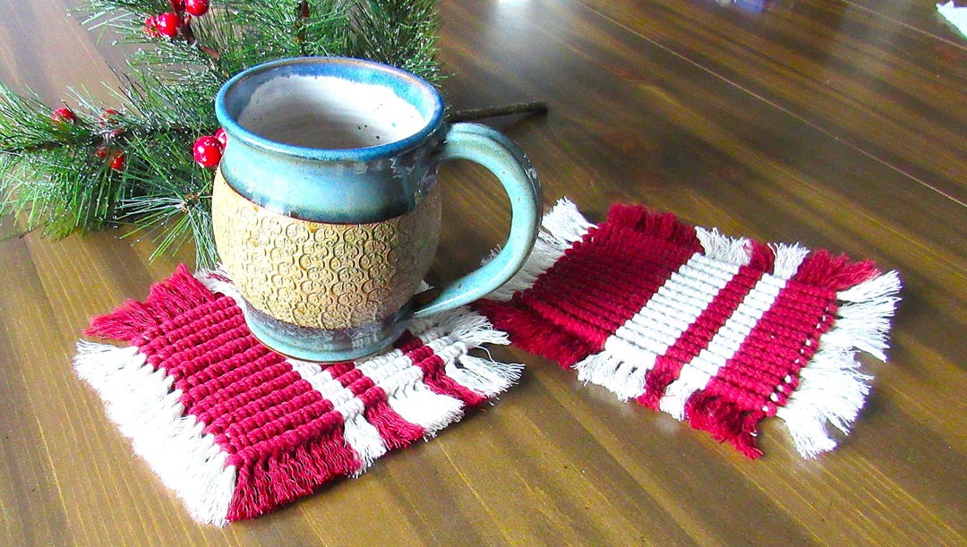 Macrame Mug Rugs, Large Mug Rugs, Hand Woven Thick Coasters, Red/cream ...