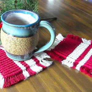 Macrame Mug Rugs, Large Mug Rugs, Hand Woven Thick Coasters, Red/cream ...
