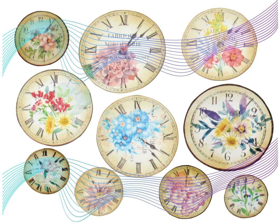 Digital Floral Clock Faces, Printable Ephemera, Small Tags, Ephemera ...