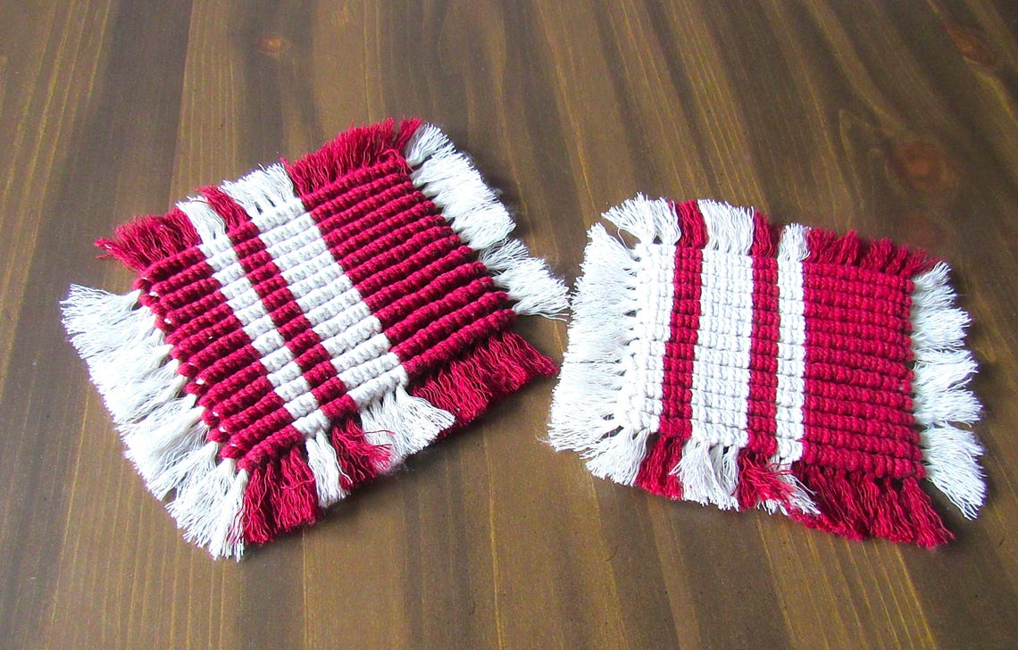 Macrame Mug Rugs, Large Mug Rugs, Hand Woven Thick Coasters, Red/cream ...