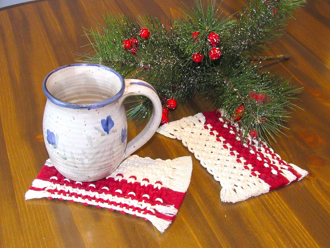 Macrame Mug Rugs, Large Mug Rugs, Hand Woven Thick Coasters, Red/cream ...