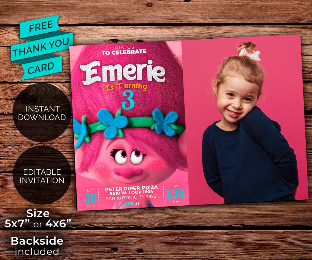 Trolls Poppy Birthday Invitation With Photo - Etsy